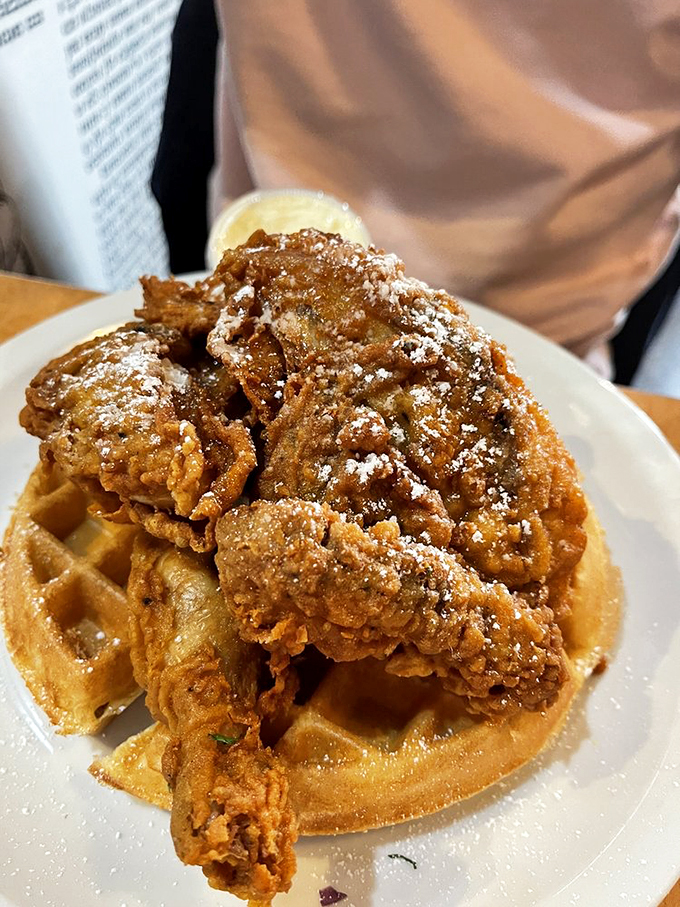 Southern comfort meets New Jersey attitude in this fried chicken and waffle combo. The powdered sugar dusting is like putting a tuxedo on a heavyweight champion.