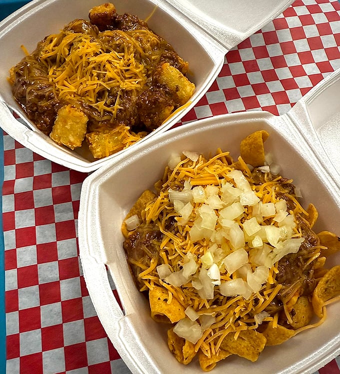 Frito Chili Pie: where corn chips go to fulfill their destiny beneath a blanket of chili and cheese.