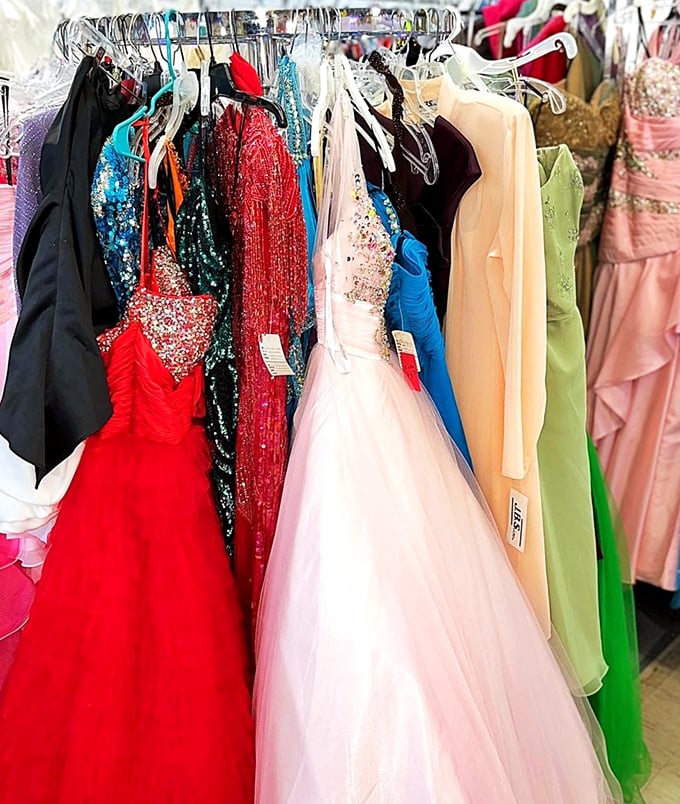 The formal wear section &ndash; where prom dreams from decades past hang in sequined splendor, waiting for their next night to shine.