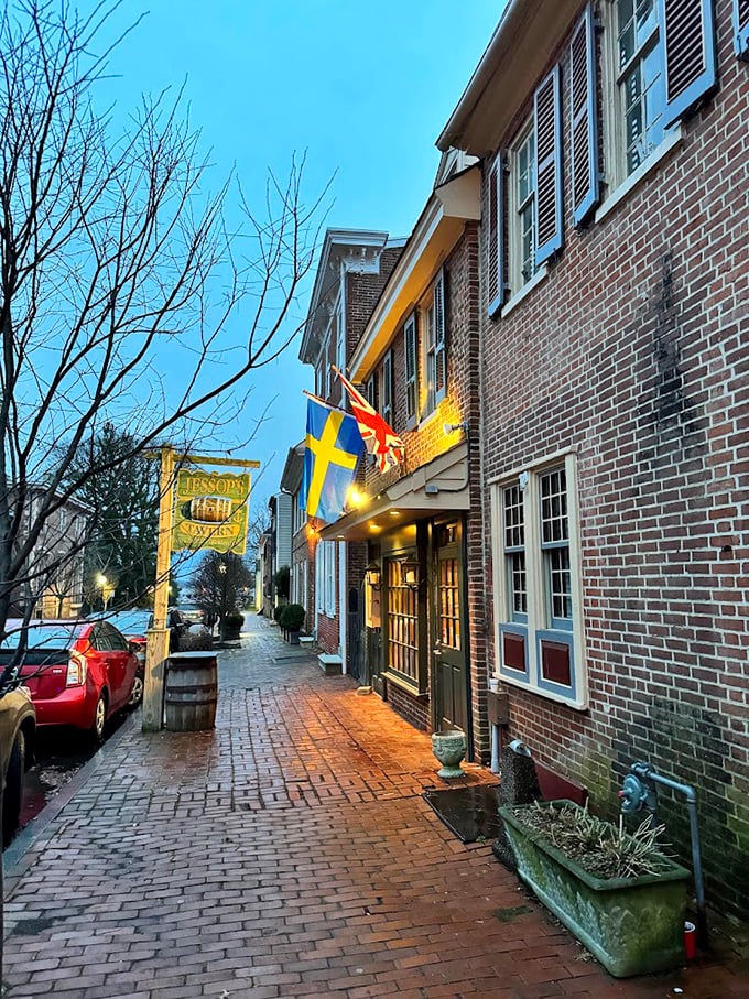 Jessop's Tavern by twilight, where Swedish and British flags remind you that international relations were complicated long before Twitter diplomacy.