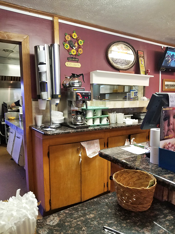 The coffee station&mdash;command central of any respectable diner. Note the well-worn counters that have supported elbows and coffee mugs through countless mornings.