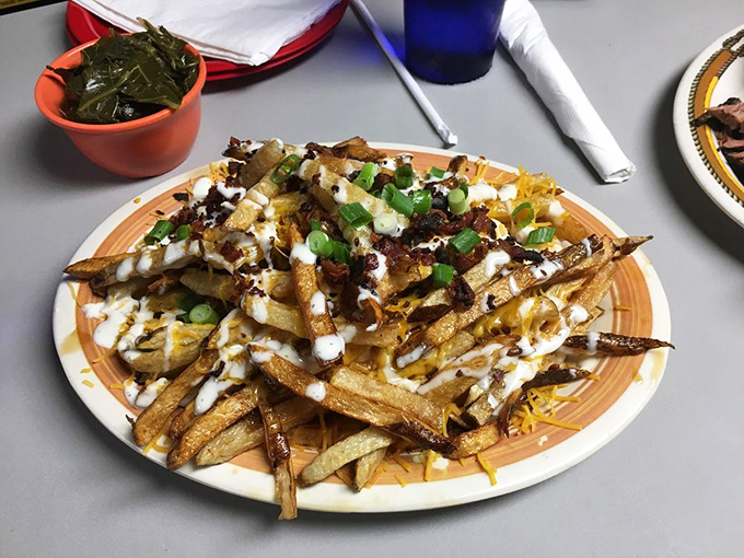 Loaded fries that blur the line between side dish and main event. That drizzle of sauce is like the final brushstroke on a masterpiece.