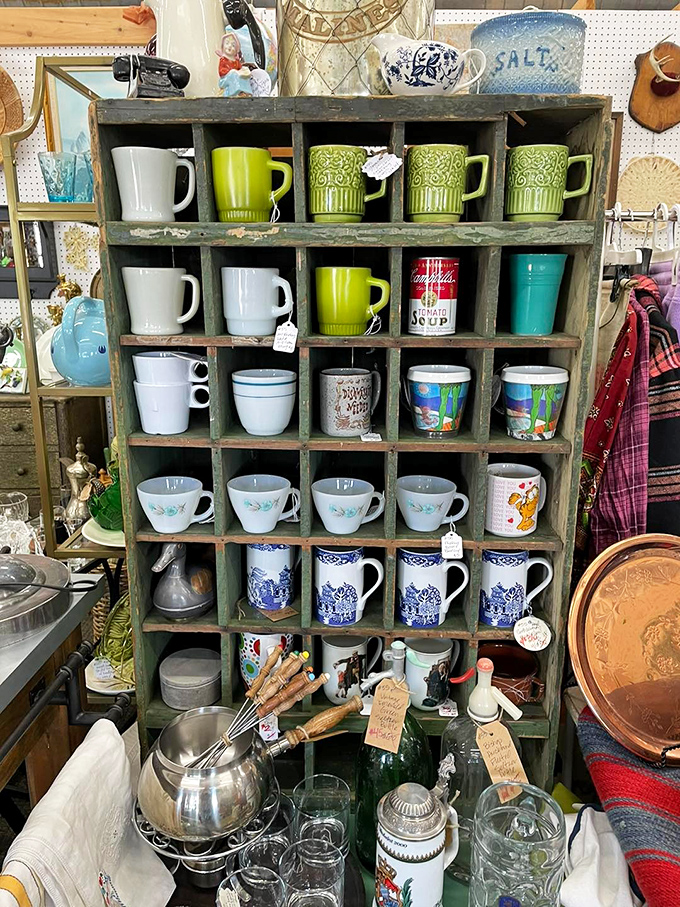 Mugs aren't just vessels for coffee&mdash;they're personality statements arranged in a wooden grid of possibility. That blue willow pattern is calling my name!