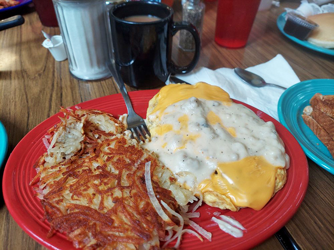 An omelet that's achieved that elusive perfect doneness, draped in melted cheese like a cozy yellow blanket.