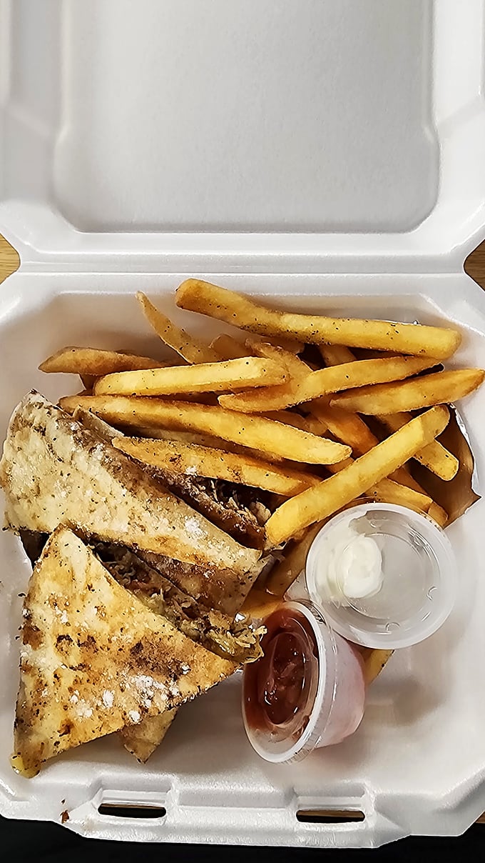 The humble quesadilla, reimagined as soul food. Those golden triangles of cheesy goodness paired with hand-cut fries are a midweek miracle.