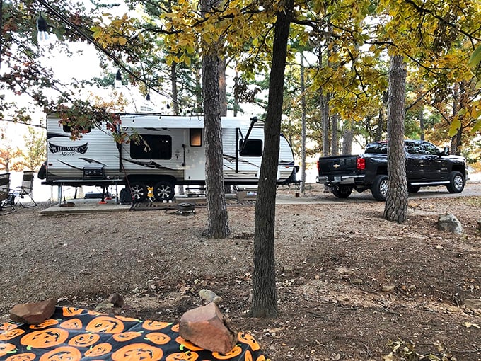RV camping among the pines offers all the comforts of home with a vastly improved backyard view.