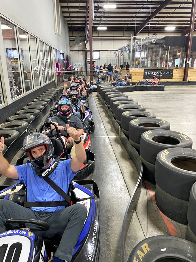 The pre-race lineup: thumbs up from the front means either "I'm ready" or "I've made peace with my questionable life choices."