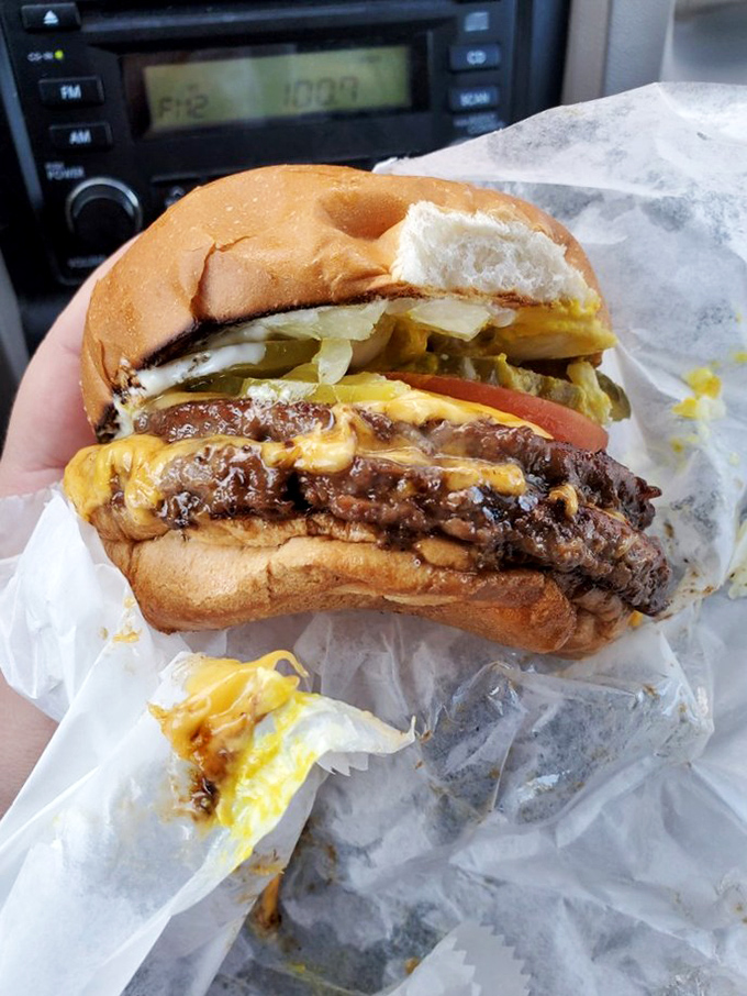 The radio plays forgotten hits while this beauty waits patiently on your lap. Note how the pickles peek out, promising tangy contrast.