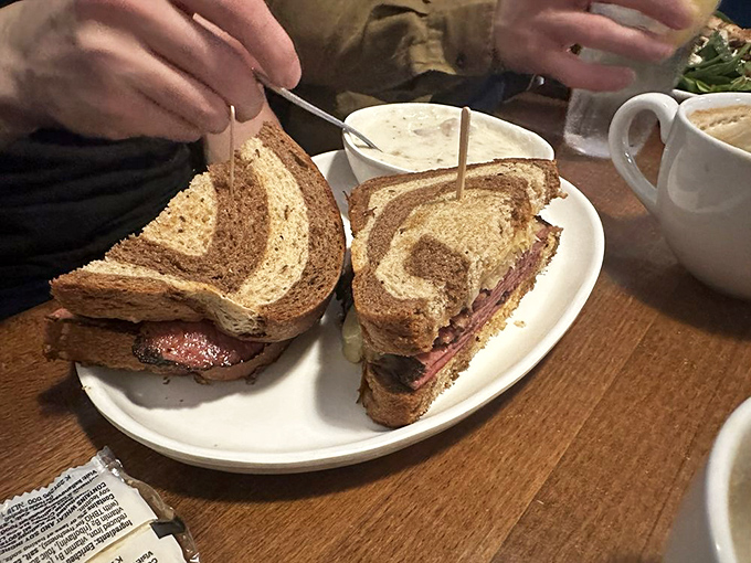This Reuben sandwich on marbled rye is the kind of lunch that makes you want to invent afternoon meetings just to extend your break.