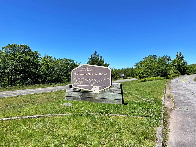 The official welcome to wonderland. This unassuming sign marks the beginning of Oklahoma's most spectacular drive.