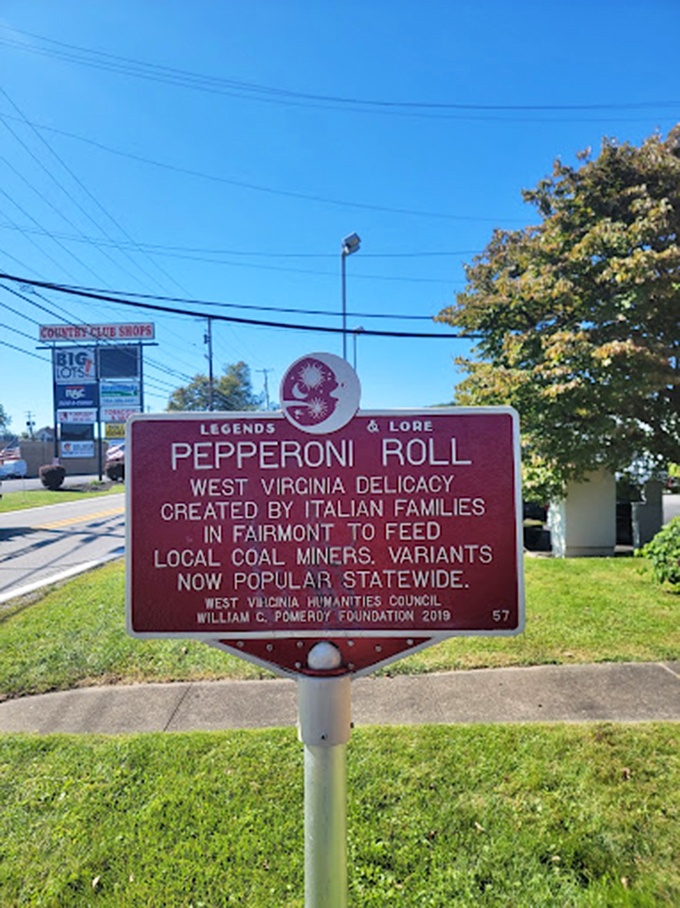 History on display – this roadside marker tells the pepperoni roll origin story. Like a culinary Mount Rushmore, it honors the Italian immigrants who created this beloved staple.