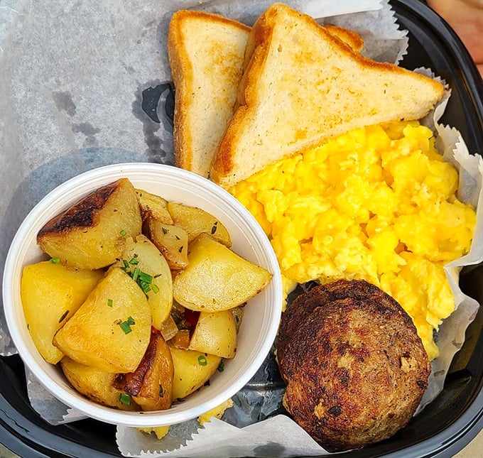 The classic breakfast elevated &ndash; eggs with character, potatoes with purpose, and toast that didn't come from a plastic bag.