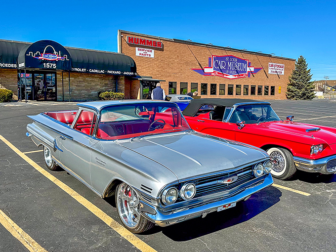 Chrome dreams in the parking lot of St. Louis Car Museum. These aren't just automobiles&mdash;they're rolling sculptures from a more optimistic era.