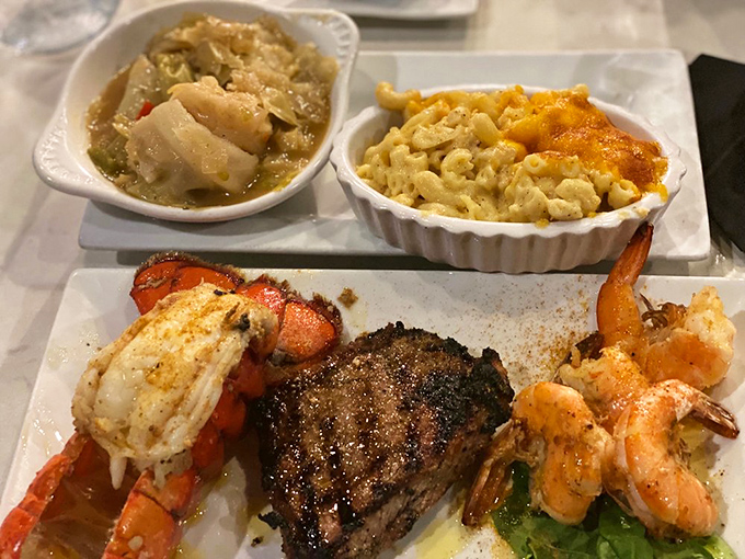 Land meets sea in perfect harmony. Lobster tail, steak, mac and cheese, and sides that refuse to be mere supporting characters.