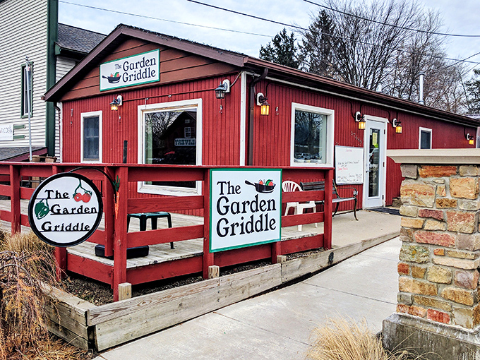 The Garden Griddle's barn-red exterior promises the kind of breakfast that fuels small-town America &ndash; hearty, honest, and worth getting up for.