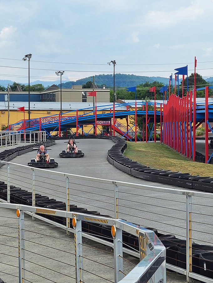 Banking turns and smooth straightaways make this track a driver's paradise. Even the mountains in the background seem impressed with the layout.