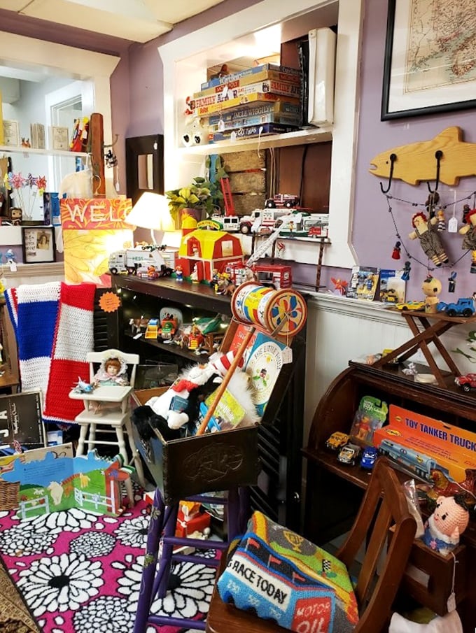 This toy corner is childhood nostalgia incarnate&mdash;Fisher Price and folk art coexisting in a pre-iPad playground of imagination.