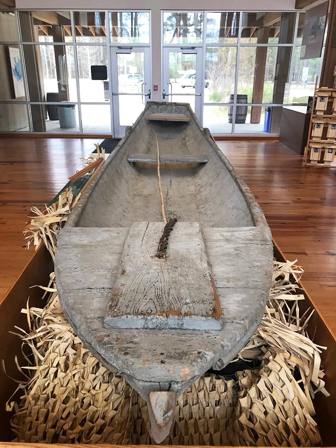 This weathered dugout canoe display honors the indigenous watercraft that navigated these waters long before Gore-Tex and waterproof phone cases were even a concept.