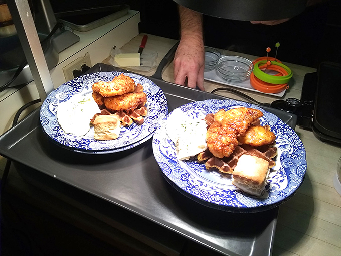 Waffles that would make Leslie Knope weep with joy, perfectly paired with Southern hospitality and served on blue-and-white china patterns.