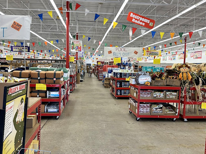 Colorful flags overhead guide shoppers through this retail wonderland like breadcrumbs for bargain hunters with big dreams.