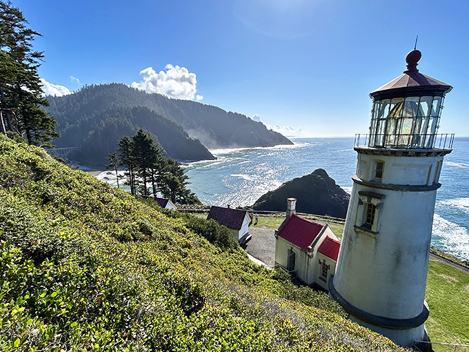 Postcard-perfect doesn't begin to describe it. On clear days like this, the lighthouse gleams like a pearl against the sapphire sea.