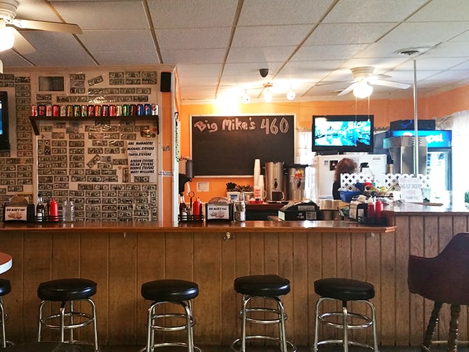 Where burger magic happens&mdash;dollar bills on the wall tell stories of satisfied customers who've pledged allegiance to Big Mike's.