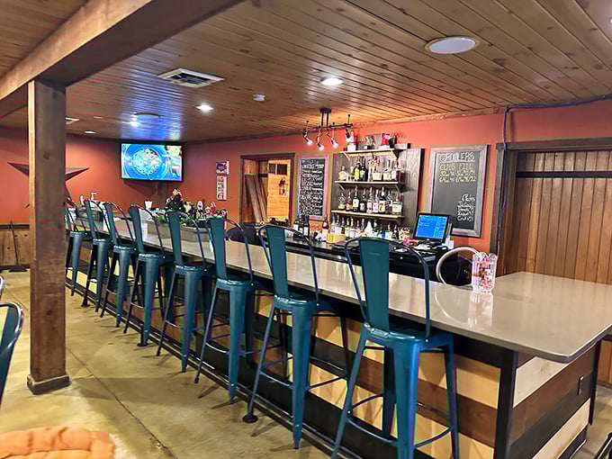 Those turquoise barstools aren't just seating&mdash;they're front-row tickets to the liquid artistry happening behind the counter. 