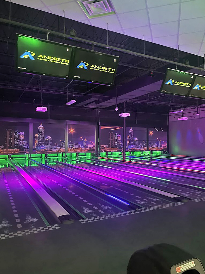 The bowling area glows with enough electric hues to make even terrible bowlers look cool. Your gutter balls have never felt so aesthetically pleasing.