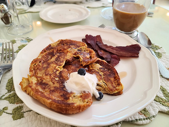 French toast that deserves its own Instagram account, paired with bacon that's achieved that magical balance between crisp and chewy&mdash;breakfast nirvana achieved.