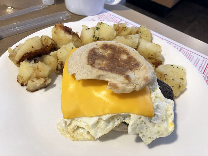 Breakfast sandwich that makes you wonder why we bother eating anything else before noon. Look at that melty cheese situation!