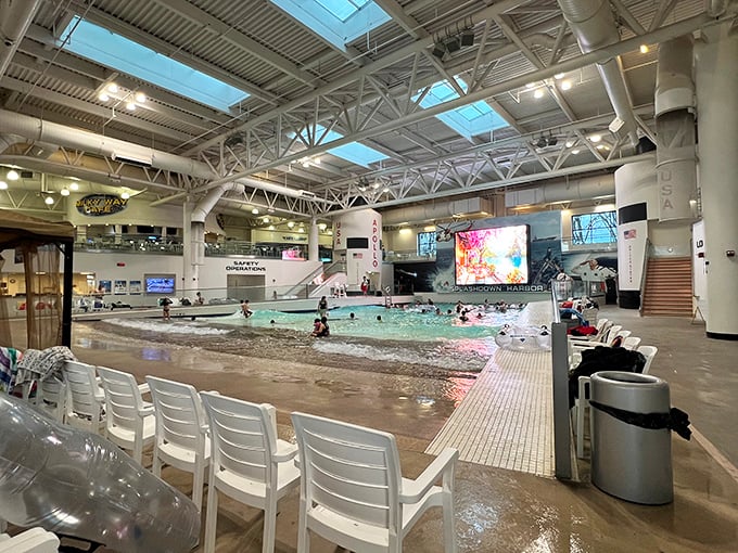 Smokey Bear meets Poseidon in this woodland-aquatic playground. The perfect spot for kids to burn energy while parents contemplate their next slide adventure.