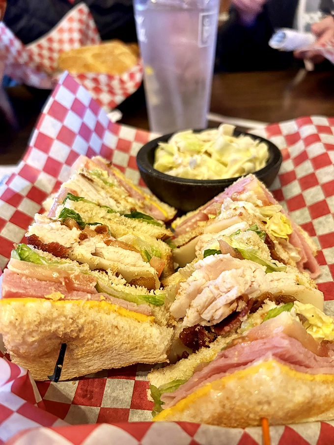 The club sandwich: three layers of bread playing referee between turkey, bacon, and all the fixings&mdash;with potato salad as cheerleader.
