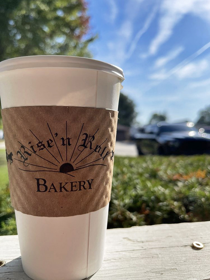 Even their coffee cups wear the Rise'n Roll logo with pride. The perfect companion for donut adventures on Indiana mornings.