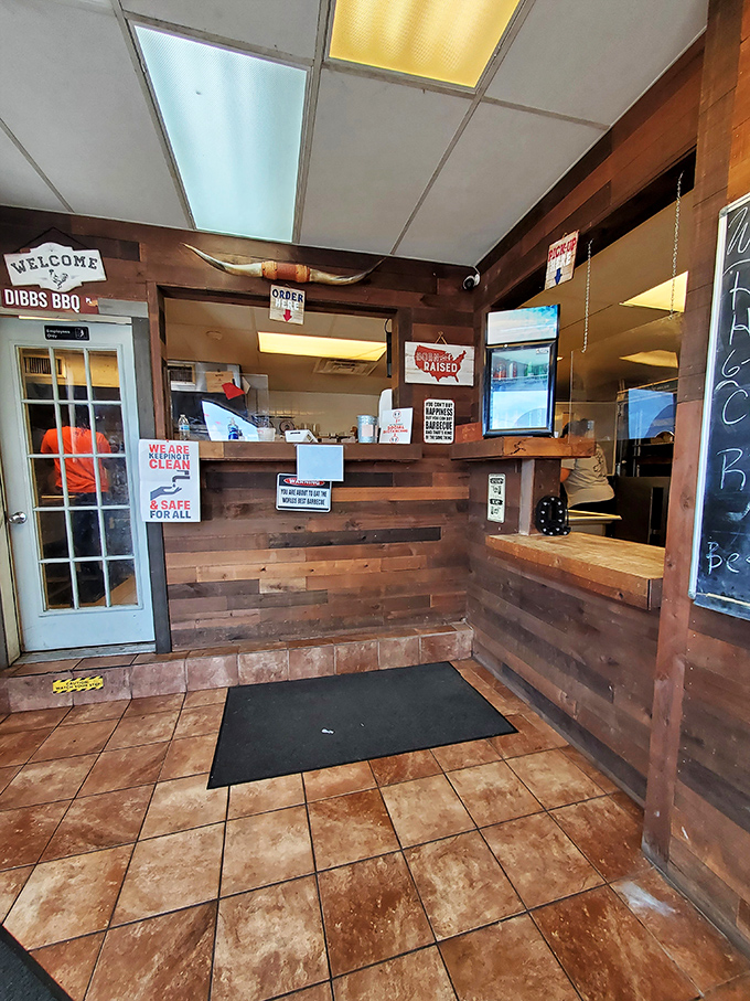 This ordering counter isn't just where transactions happen&mdash;it's where dreams begin. Notice the "We Are Clean & Safe" sign? That's reassurance with your ribs.