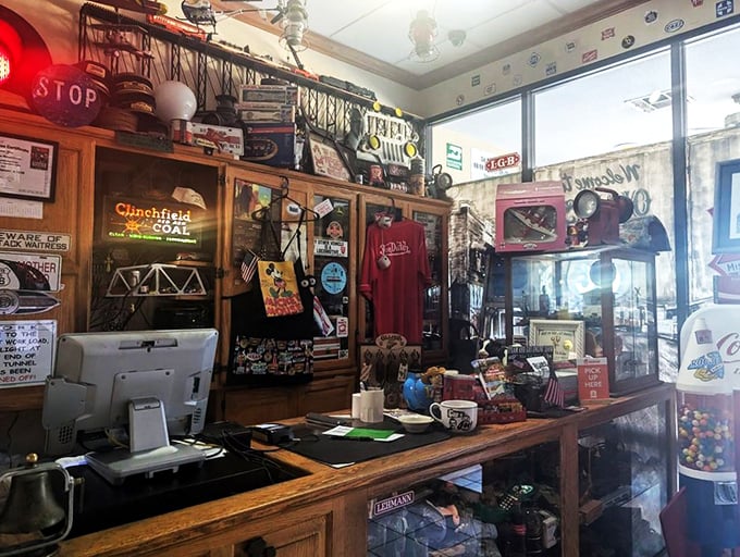 The counter area doubles as a museum of Americana, where railroad artifacts and memorabilia create a time capsule of transportation history.
