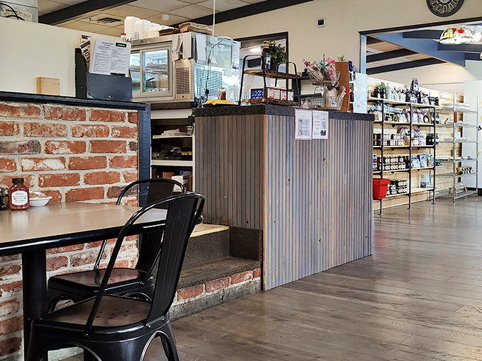Rustic brick meets modern industrial at the counter area&mdash;where pie decisions of monumental importance are made daily.