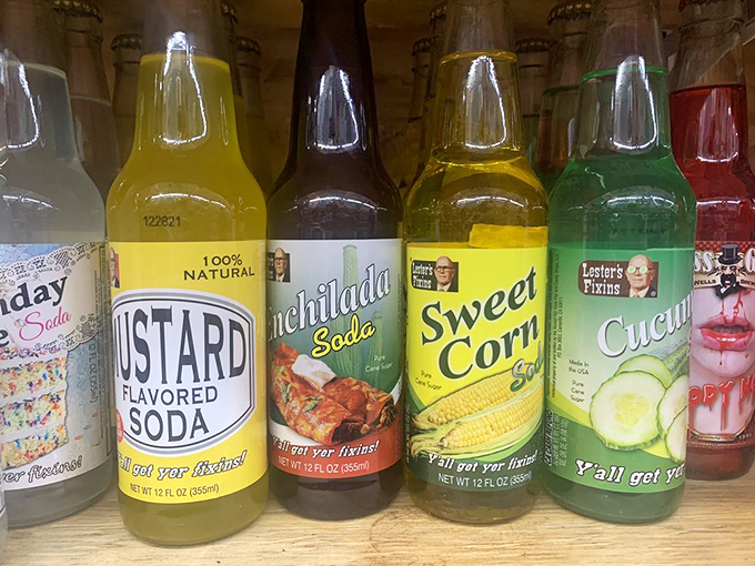 Soda flavors that dare you to try them. Mustard? Enchilada? Sweet Corn? Cucumber? These bottles are conversation starters and possibly friendship enders.