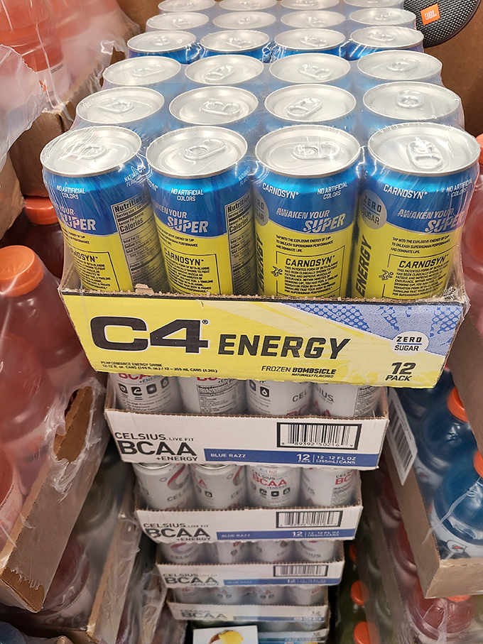 Energy drinks by the case prove even caffeine addictions can be budget-friendly. Liquid motivation for extended bargain hunting sessions.