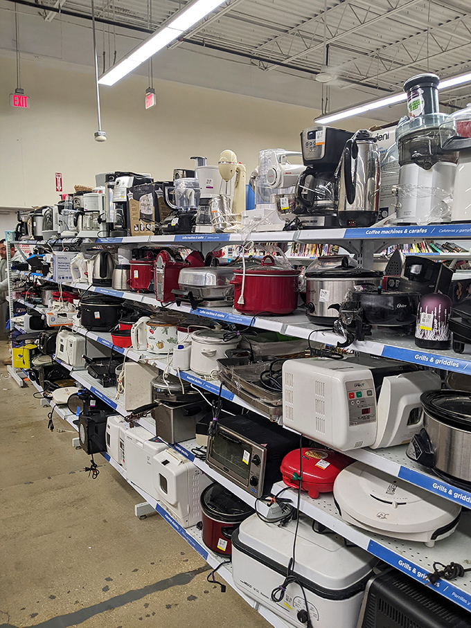 Coffee makers, waffle irons, and bread machines galore! This appliance section is where kitchen dreams come true and counter space nightmares begin.