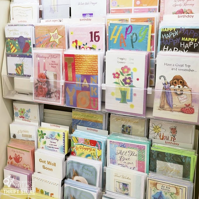 The greeting card section: where fifty cents buys sentiments that Hallmark would charge five dollars for. Birthday wishes without the budget wounds.