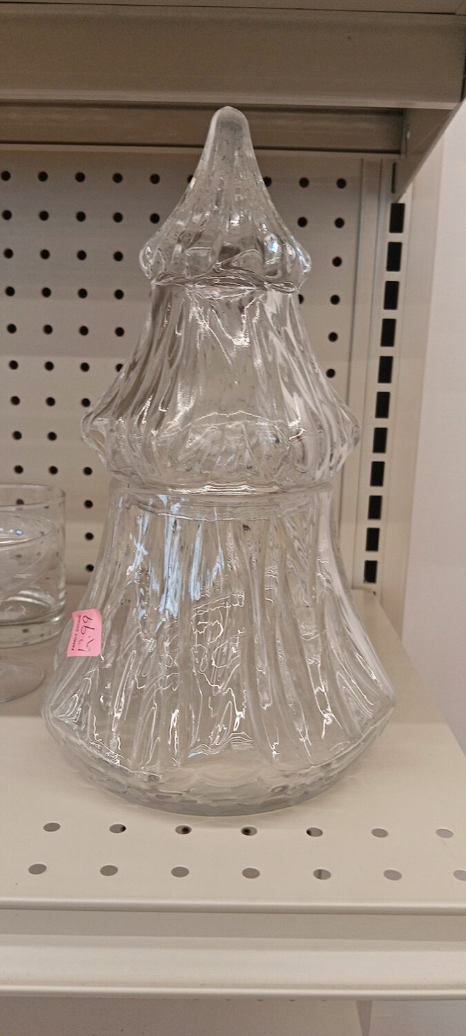 This vintage glass Christmas tree candy jar isn't just decorative&mdash;it's a conversation starter with a pink price tag destiny.