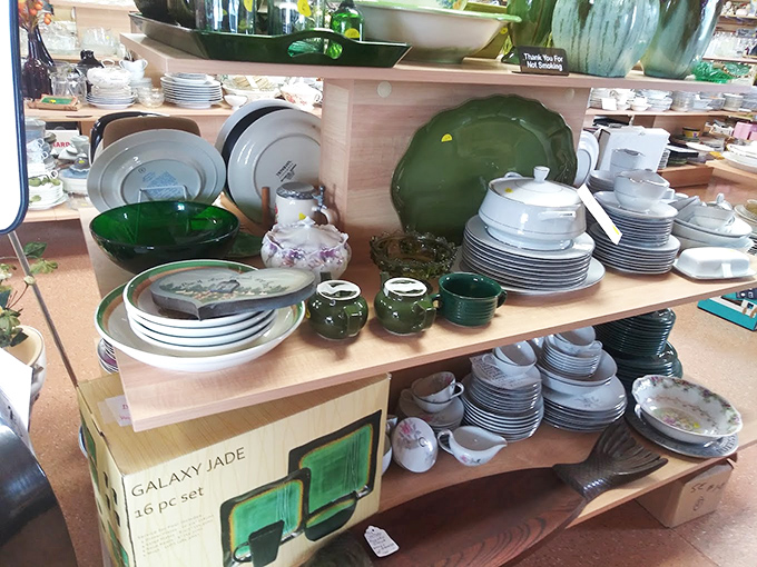Dish collections that could furnish a kitchen or complete a collector's set. That jade-green glassware whispers of dinner parties from another decade.