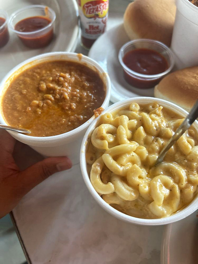 Mac and cheese alongside baked beans &ndash; proof that sometimes the sides deserve equal billing with the star attractions.