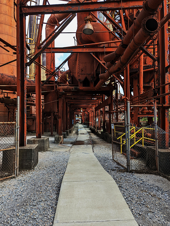 Even on overcast days, Sloss Furnaces commands the skyline, its water tower standing sentinel over silent smokestacks. 