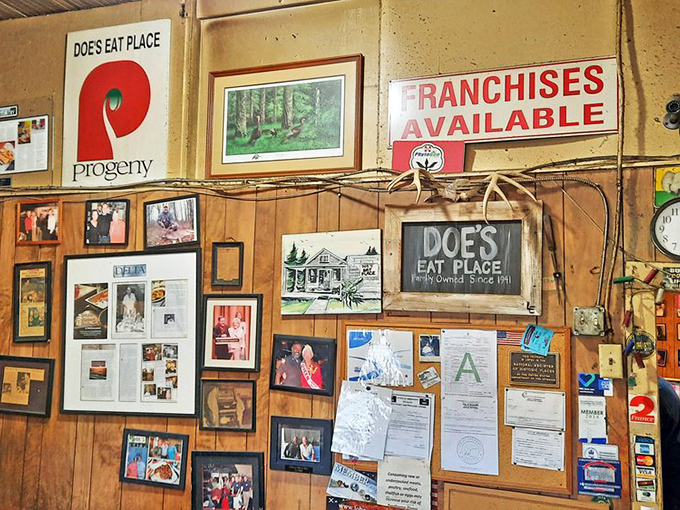 The wall of memories tells stories that menus can't. Each frame captures a moment in Doe's storied history of feeding happy humans. 