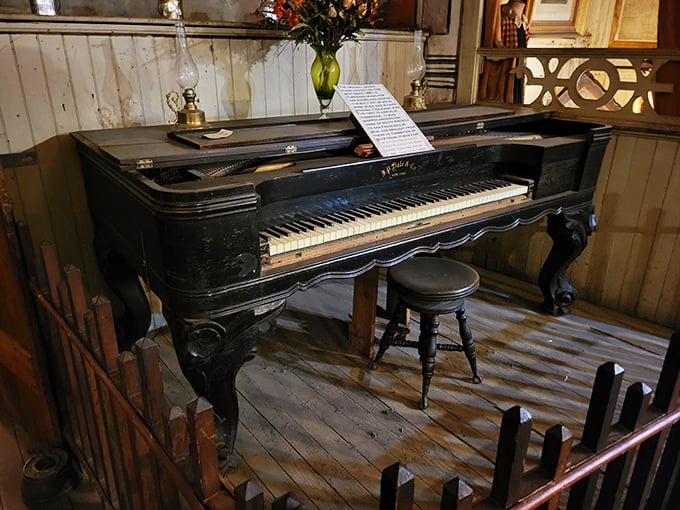 The piano awaits phantom fingers to play one more saloon tune. I swear I heard "Buffalo Gals" when nobody was near it.