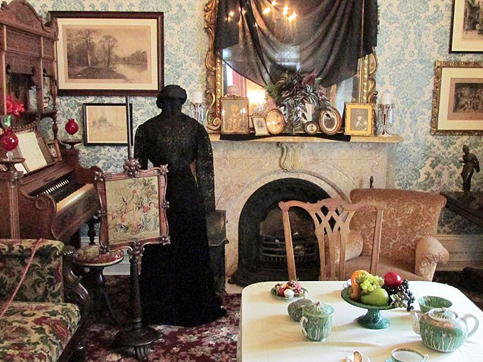 A parlor frozen in time, where the mannequin seems poised to play a melancholy tune on that antique piano. The drapes match the era's flair for dramatic decor.