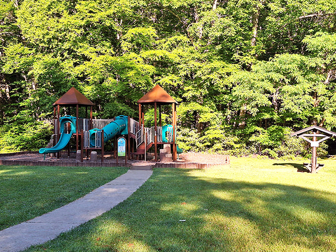 Even paradise needs a playground—because kids understand that climbing and sliding are the perfect complement to mountain majesty.