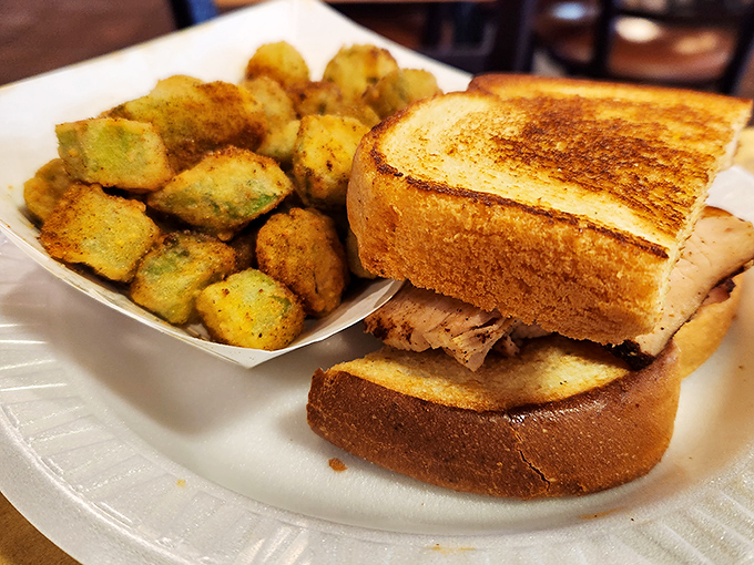 Perfectly golden toast hugging tender meat, with fried okra that's crispy enough to make even non-Southerners swoon.