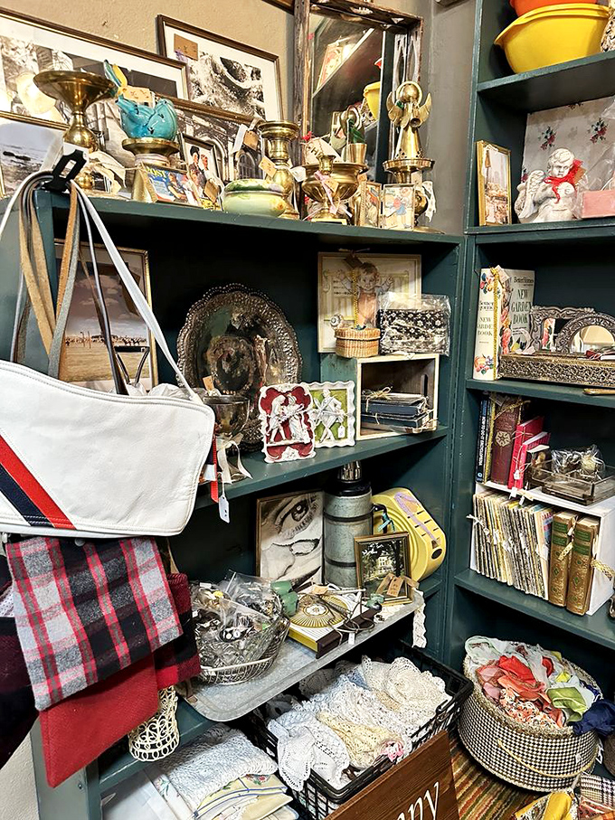 Books, brass, and bygone treasures. This shelf is a testament to the fact that some things simply get better with age.